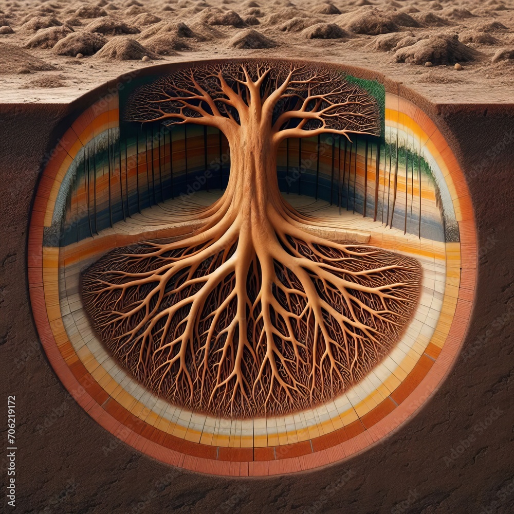 A drawn cross-section of a tree's root system in a soil profile ...