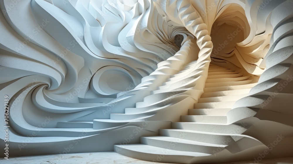a spiral staircase made of white paper with a light coming in from the ...