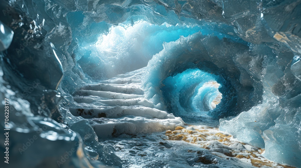 there is a very large ice cave with a very bright blue light coming out ...