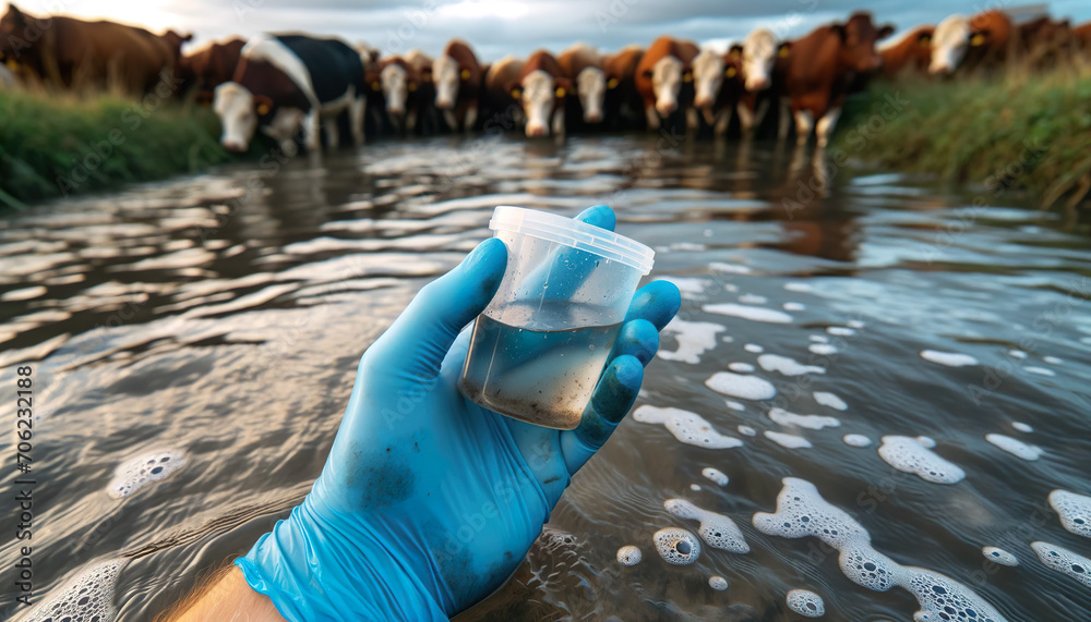 Collecting a water sample from a stream.Runoff Excess nutrients from ...