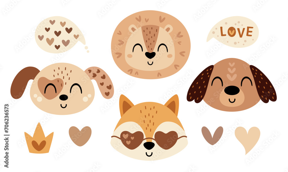 Valentines day clipart set. Cute animal faces clipart. Animal heads ...