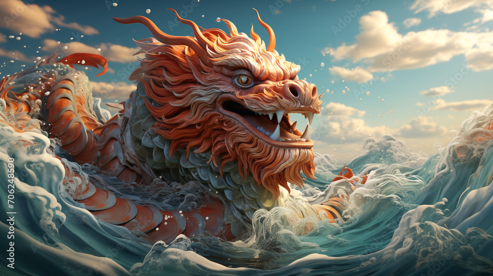 Animation of a giant dragon on the surface of a lake, a large dragon ...