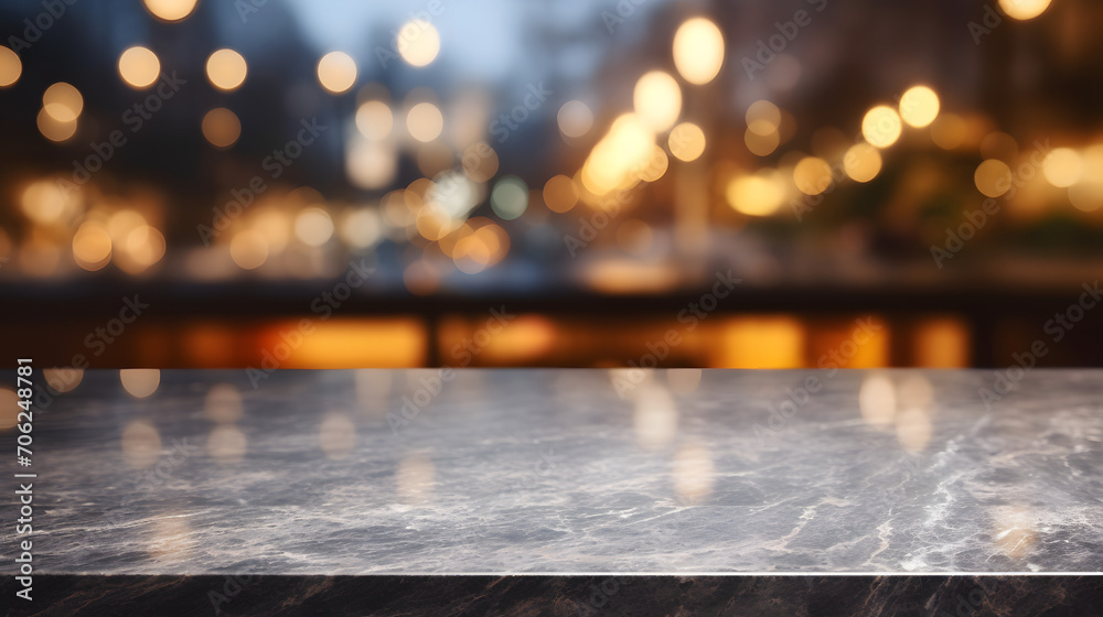 Black stone table top and blurred bokeh office interior space ...