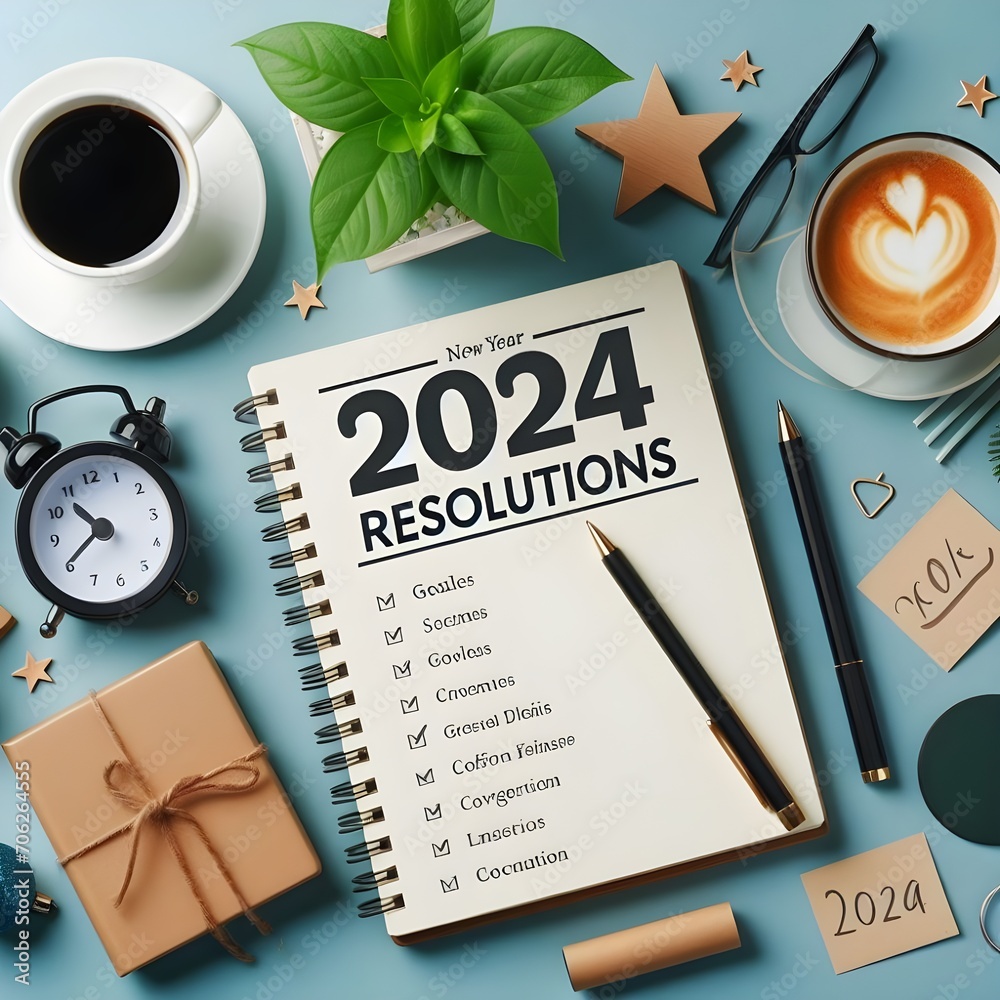 2024 New Year’s resolution on your desk. 2024 goals list, coffee cup ...