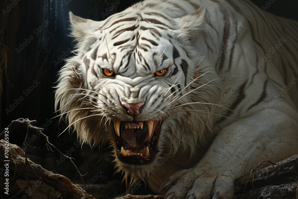 Close-up view of a white tiger with an evil grin and jungle, explosive ...