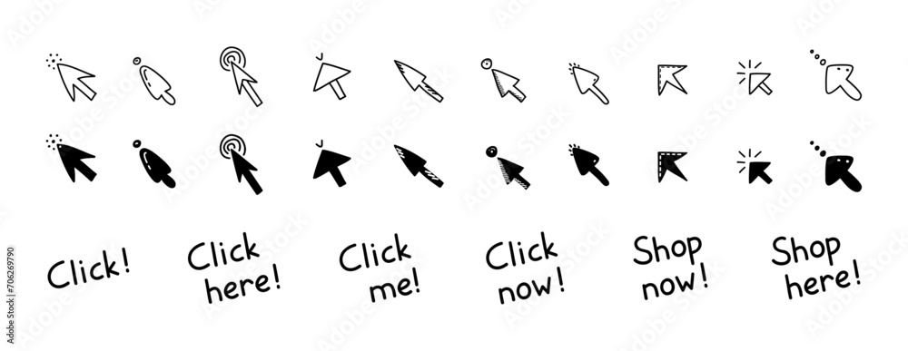 Doodle Click Here Button Set Different Mouse Cursors With Lettering