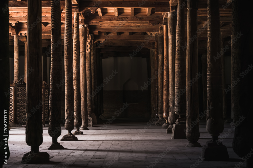 Interior inside the ancient Juma mosque with wooden carved mosaic ...