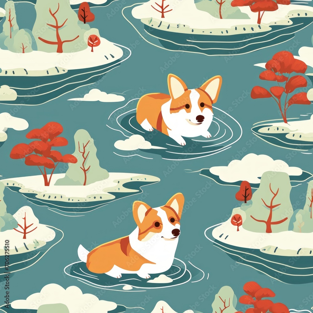 seamless patterns | Floating Corgi Islands 2D Illustration: Floating ...