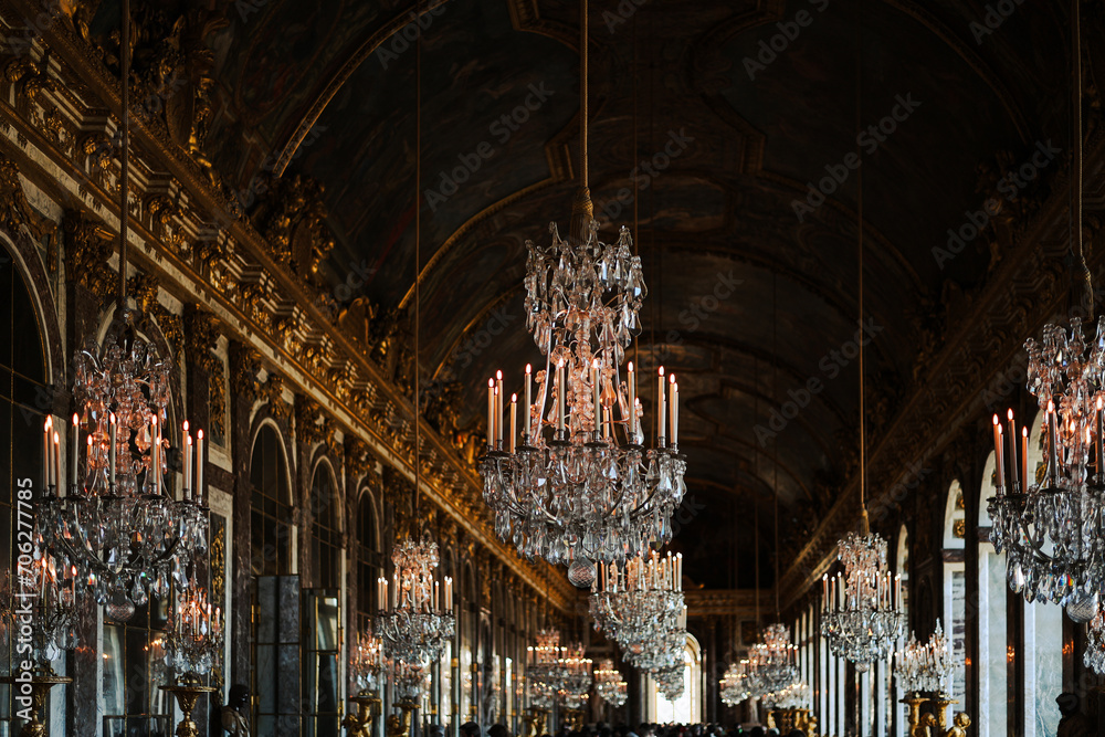 Mirror room in Versailles Palace. Hall of mirrors is one of the most ...