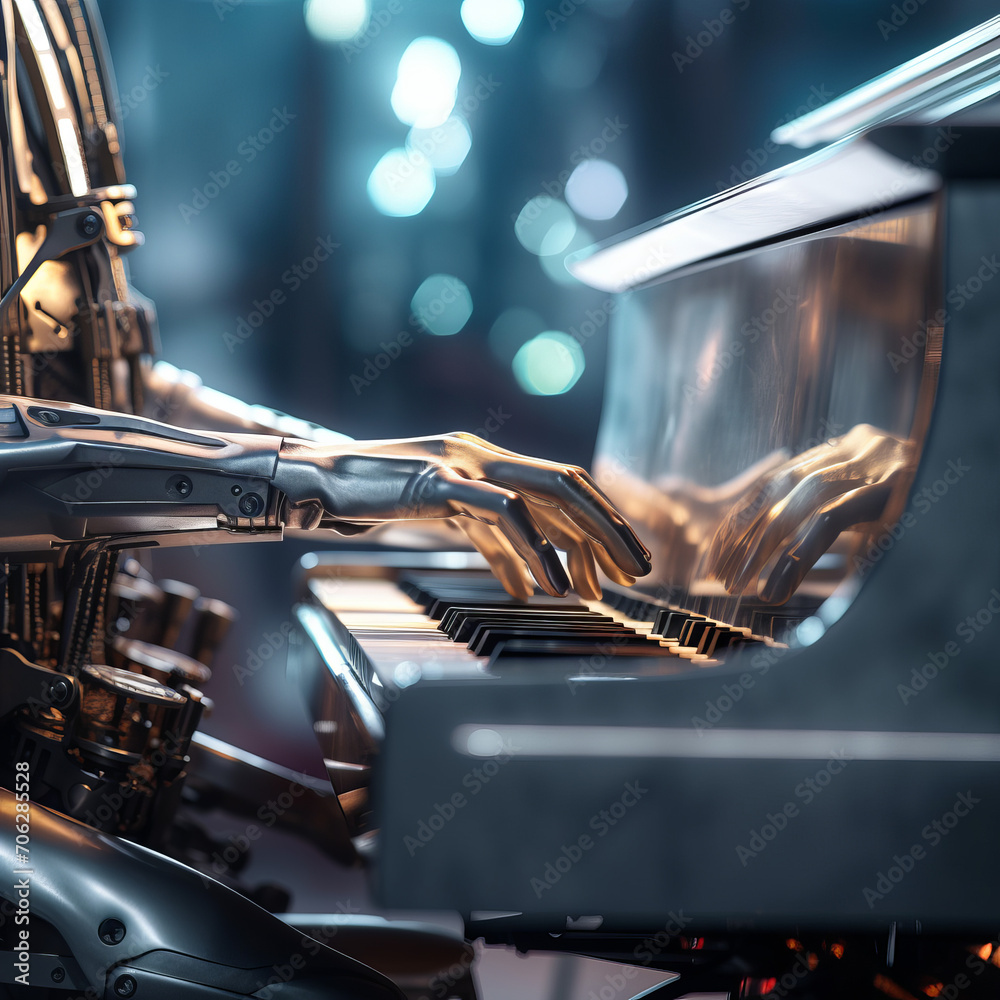 Artificial intelligence AI robot android plays grand piano on stage ...