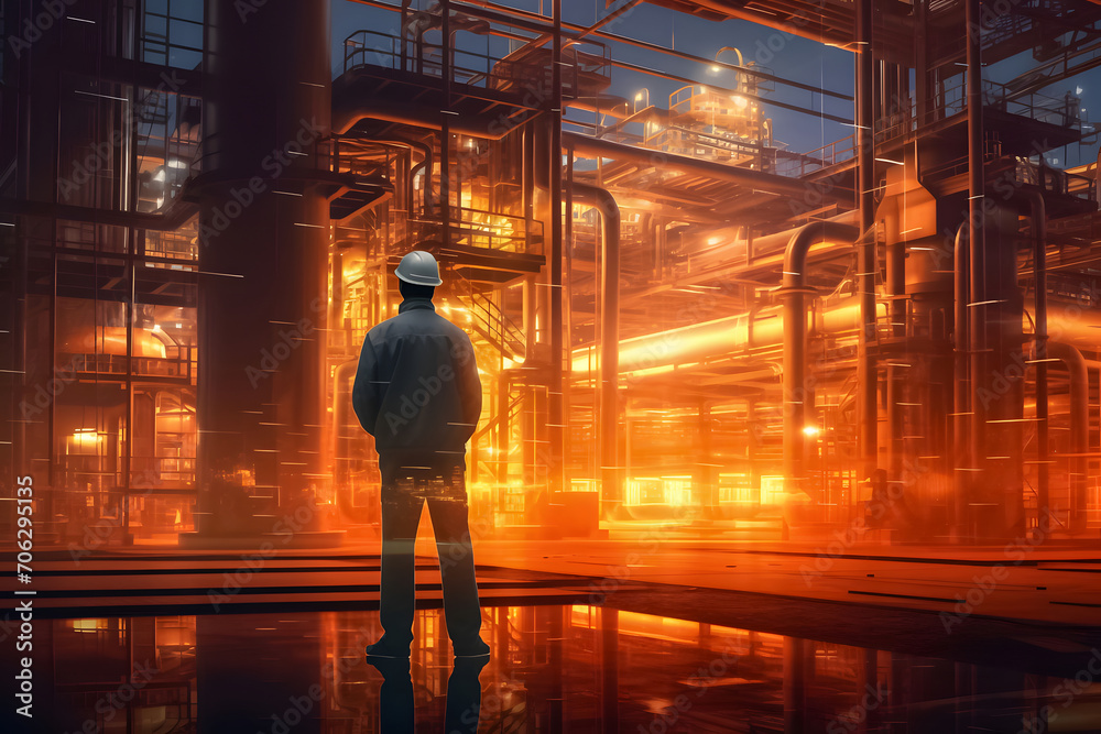 Industry engineer merges with factory backdrop through double exposure ...