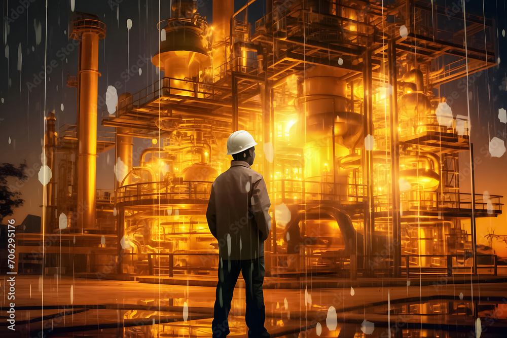 Industry engineer merges with factory backdrop through double exposure ...