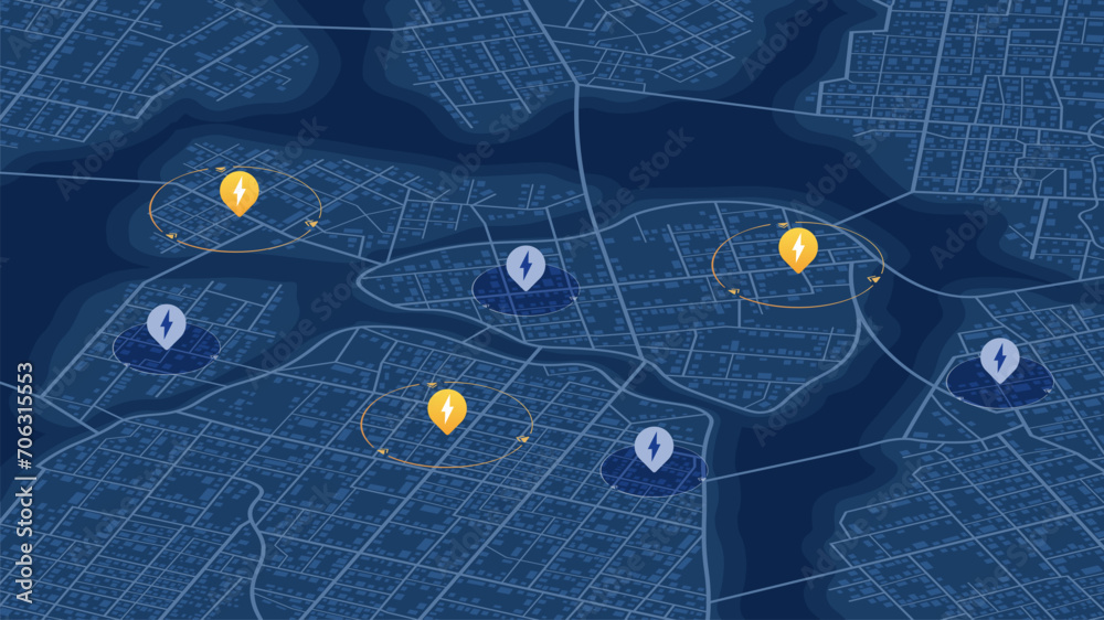 Top view distinct city districts connected to the power grid. Zones ...