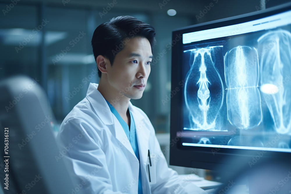 Orthopedic surgeon doctor examining patient joint x-ray bone scan in ...