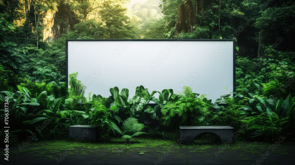 Blank billboard amidst lush greenery for eco-friendly advertising ...