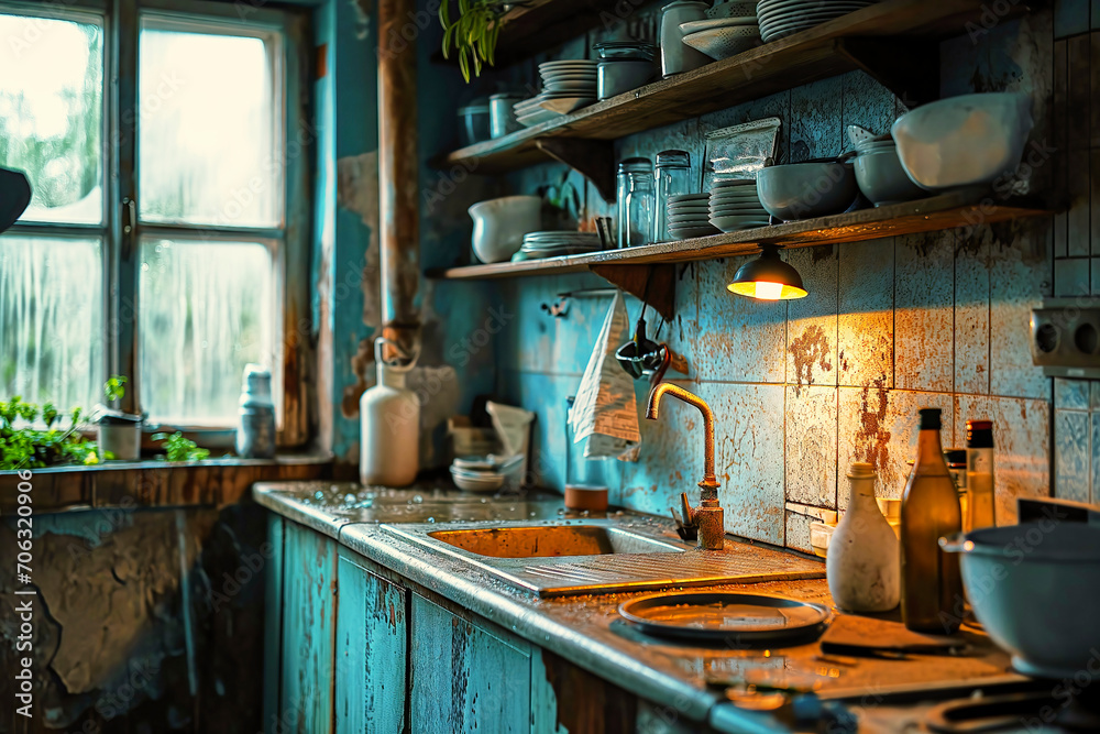 Very Dirty, Run-down Kitchen with Filthy Sink, Used Dishes, and Stained ...