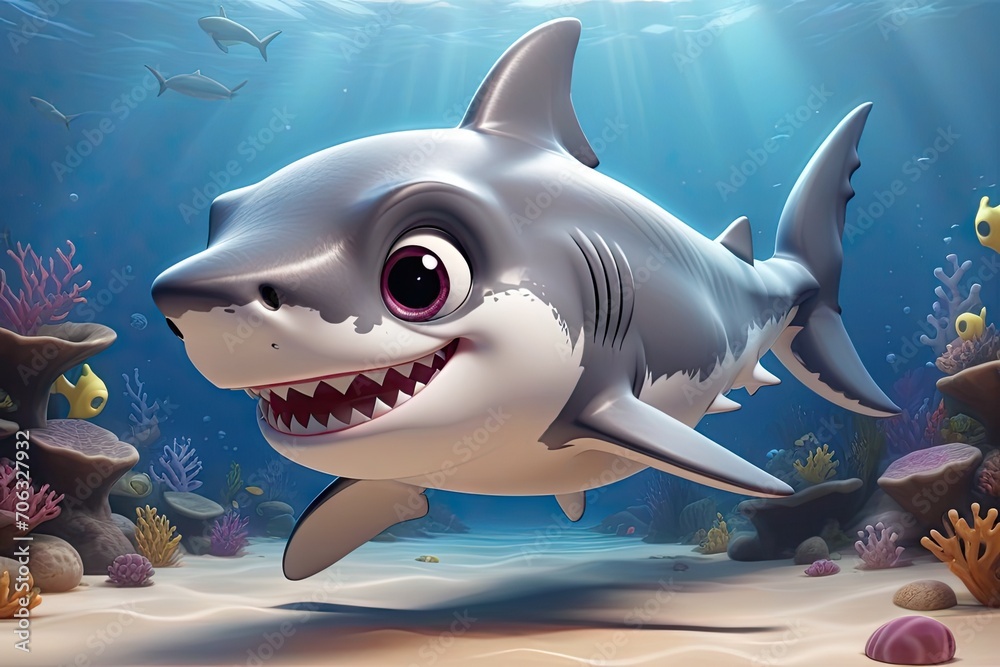 Adorable shark with a cheerful grin swimming in a vibrant sea ...