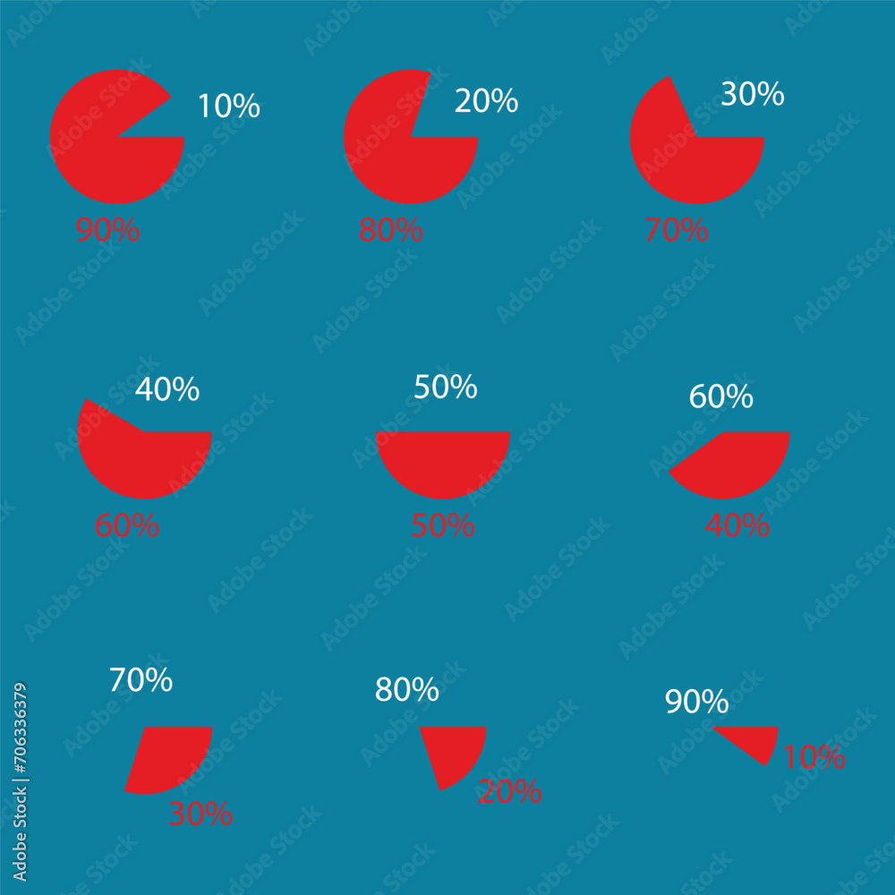 Set of pie charts percentage 10 to 90. Circle round chart, pie graph ...