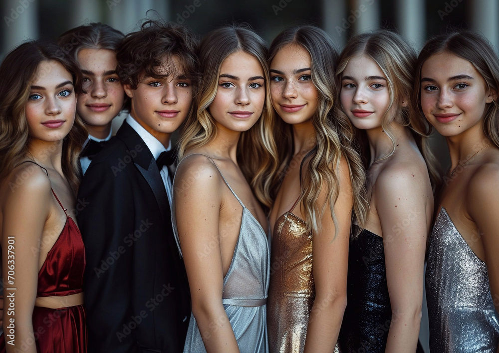 Happy students wearing beautiful dresses and tuxedos making photo ...