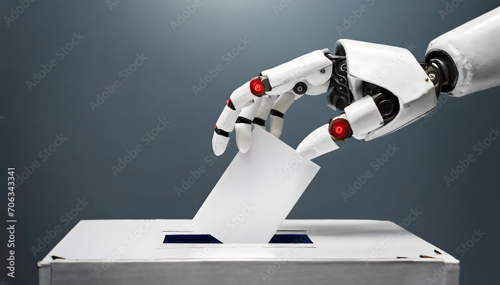 AI humanoid robot placing vote in ballot box. Concept of AI technology ...
