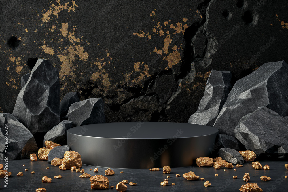 3D Render of Abstract Background with Black Cobblestone Ruins, Broken ...