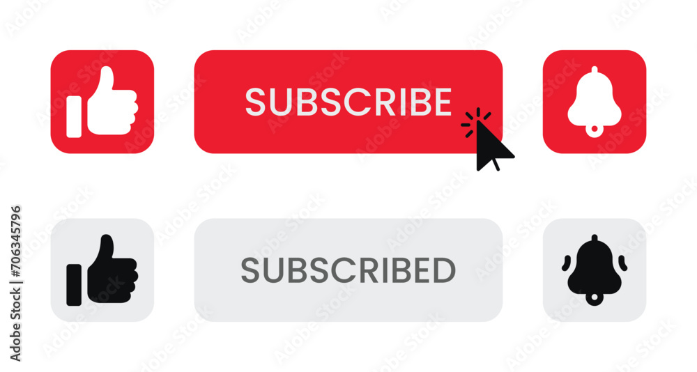 YouTube Icons Set - Subscribe Button, Subscribed with Bell, Thumbs Up ...