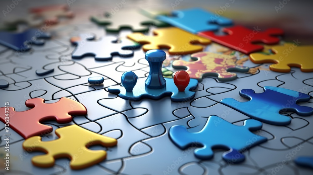 Business scene: five puzzle pieces. Each puzzle piece represents a key ...