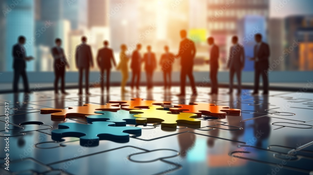 Business scene: five puzzle pieces. Each puzzle piece represents a key ...