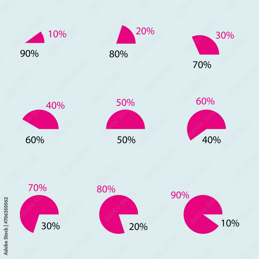 Set of pie charts percentage 10 to 90. Circle round chart, pie graph ...
