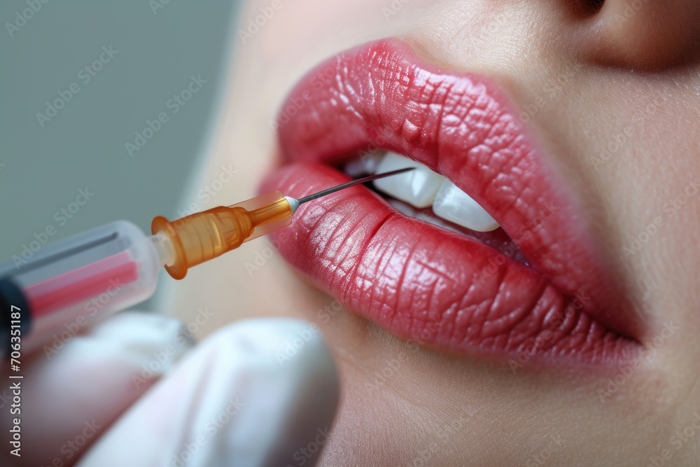 A detailed close-up shot of a person putting a needle in their mouth ...