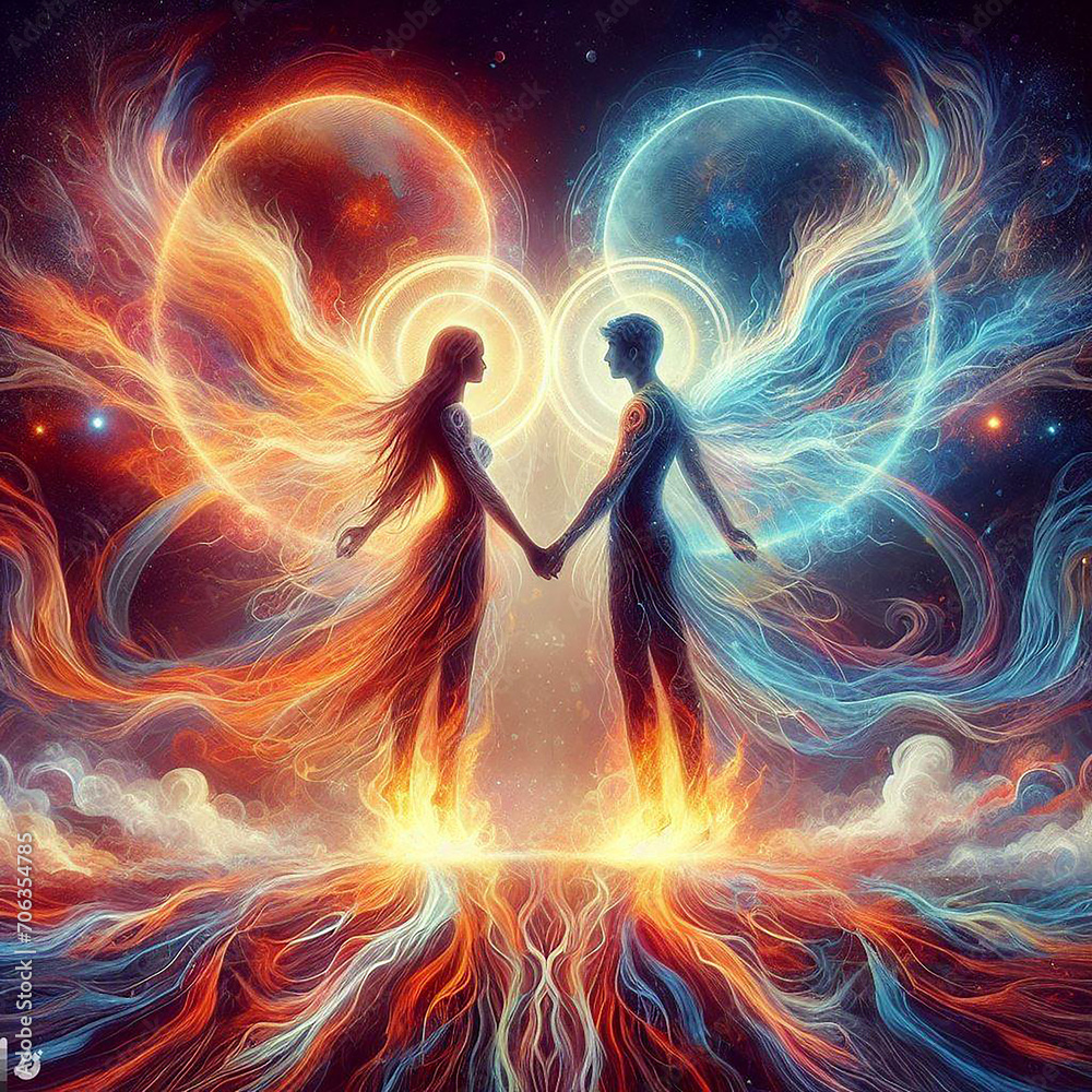 Twin flame couple. Soulmates. The concept of magical, esoteric, tantric ...
