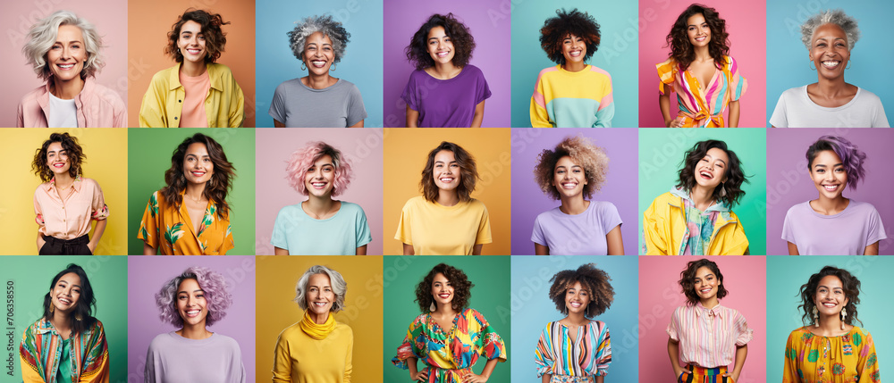 International women's day. Collage of diverse women smile over color ...