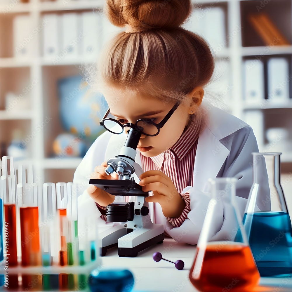 Cropped view of little boys and girls in scientist uniforms trying to ...