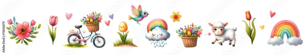 Vector collection of love and spring elements, watercolor colorful ...