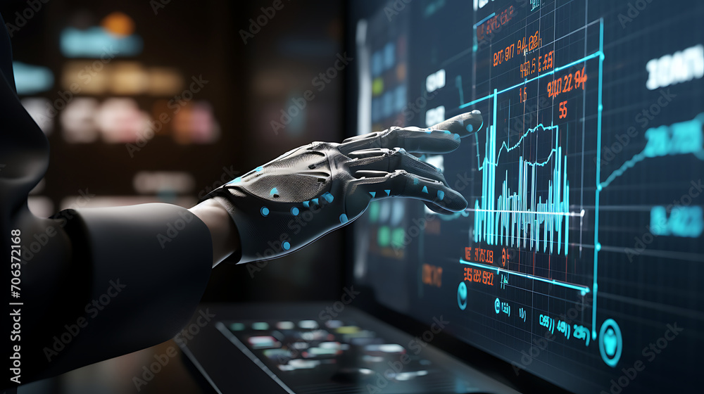 Hand ai robot touching diagrams stock market display on board with ...