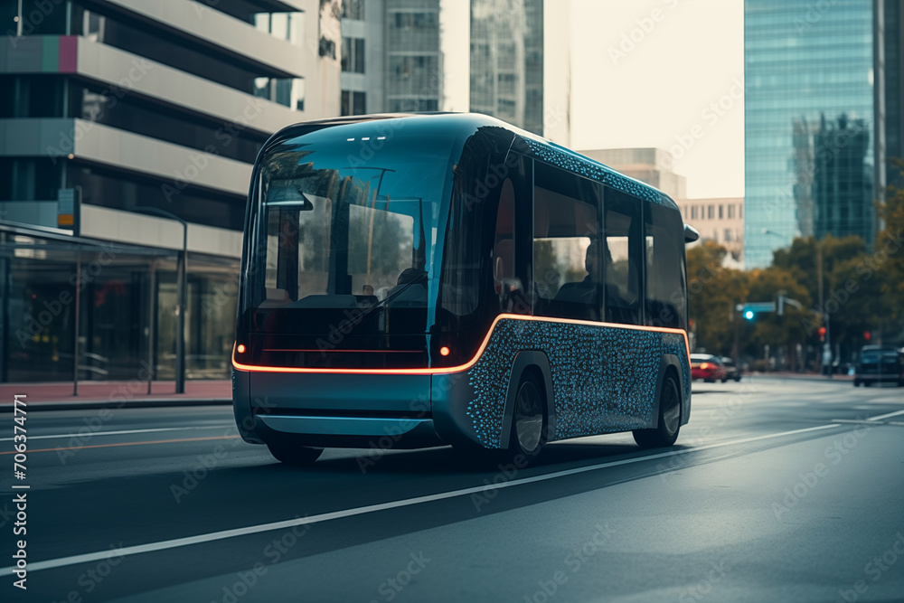 Self driving bus. Autonomous bus driving in city. Future Electric ...