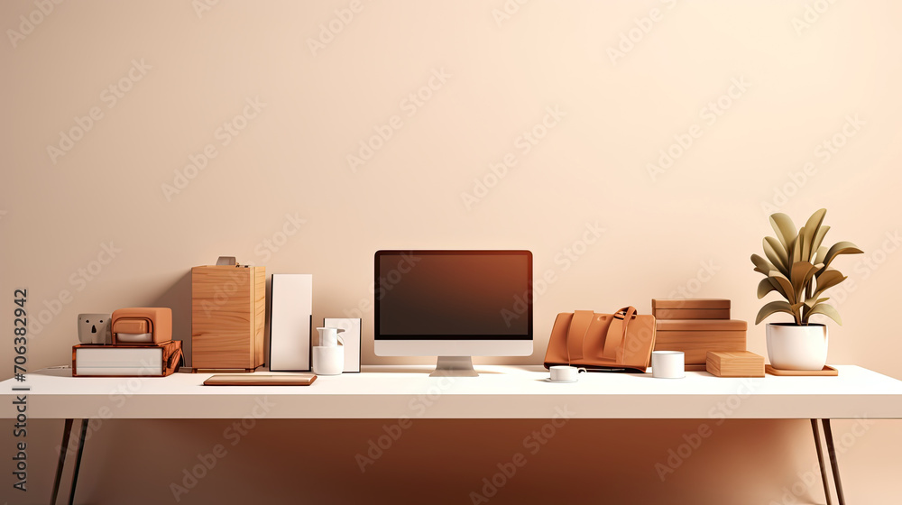 Office desk arrangement office background, top view, 45 degree, high ...
