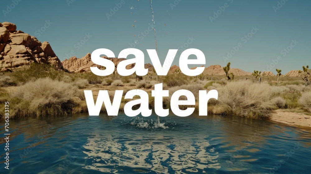 Isolated words "Save Water" splashing into a body of water against an ...