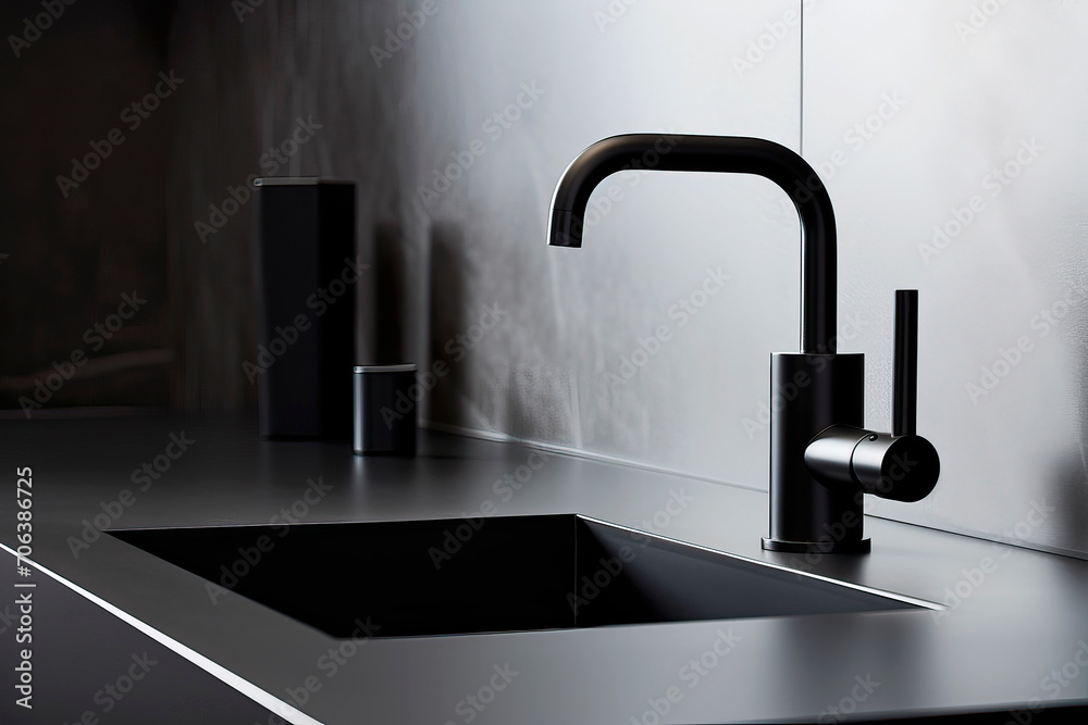 A grey sink and a matt-finish black faucet set against a grey ...