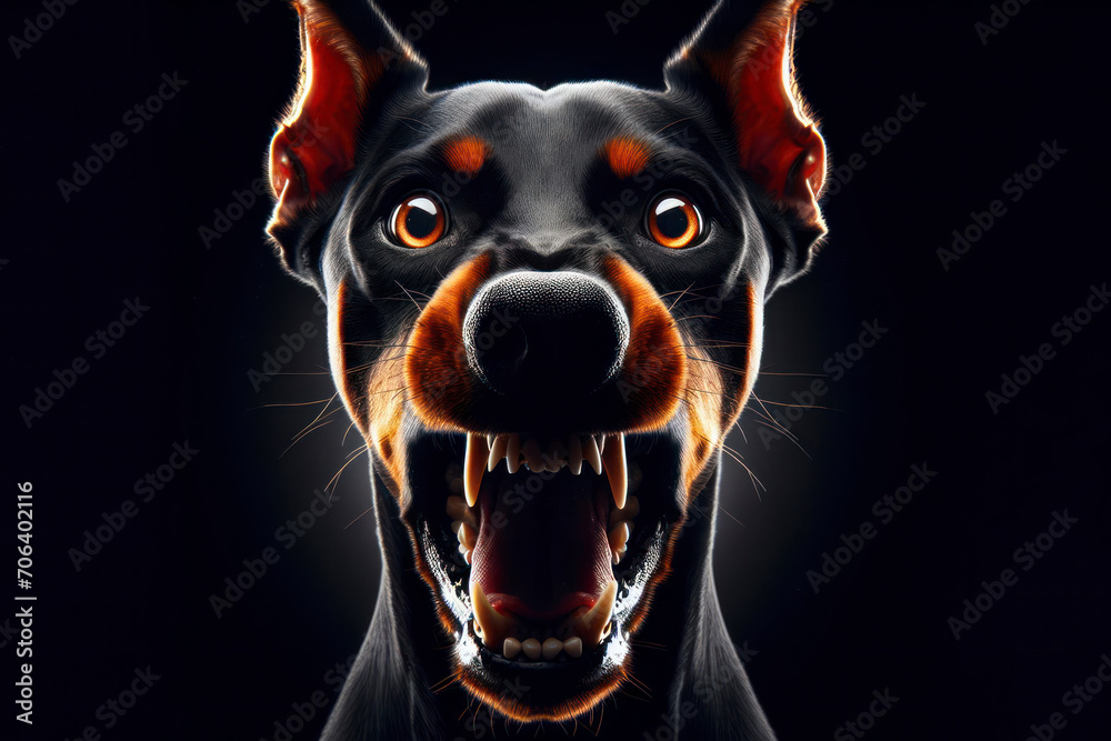 Angry doberman dog with huge eyes and open mouth isolated on black ...