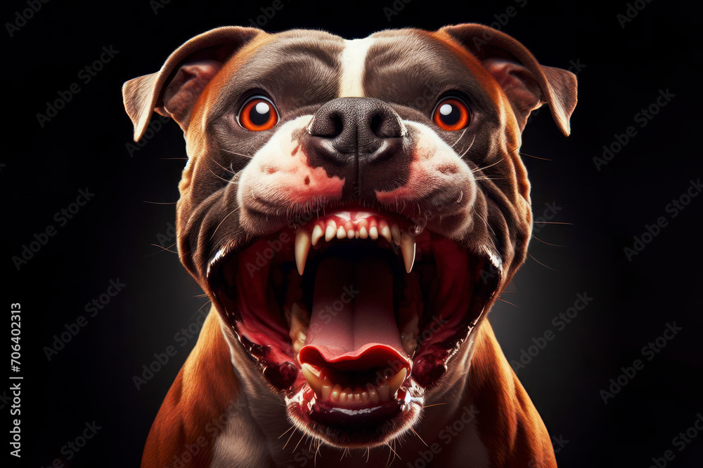 Angry pitbull dog with huge eyes and open mouth isolated on black ...