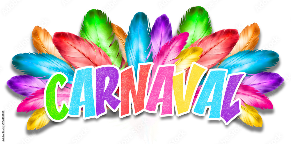 Logo de carnaval alegre e descontraída com plumagem de penas coloridas ...
