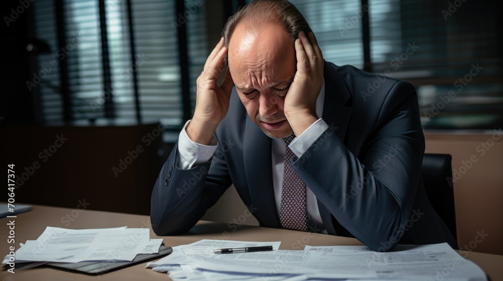 Stressed businessman in a corporate office, tense face, papers ...
