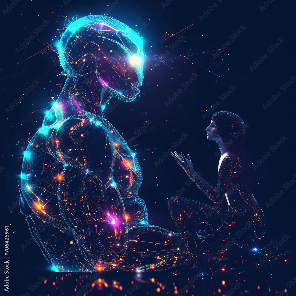 Intimate Gaze: Human and AI Robots Lock Eyes, Symbolizing the Proximity ...