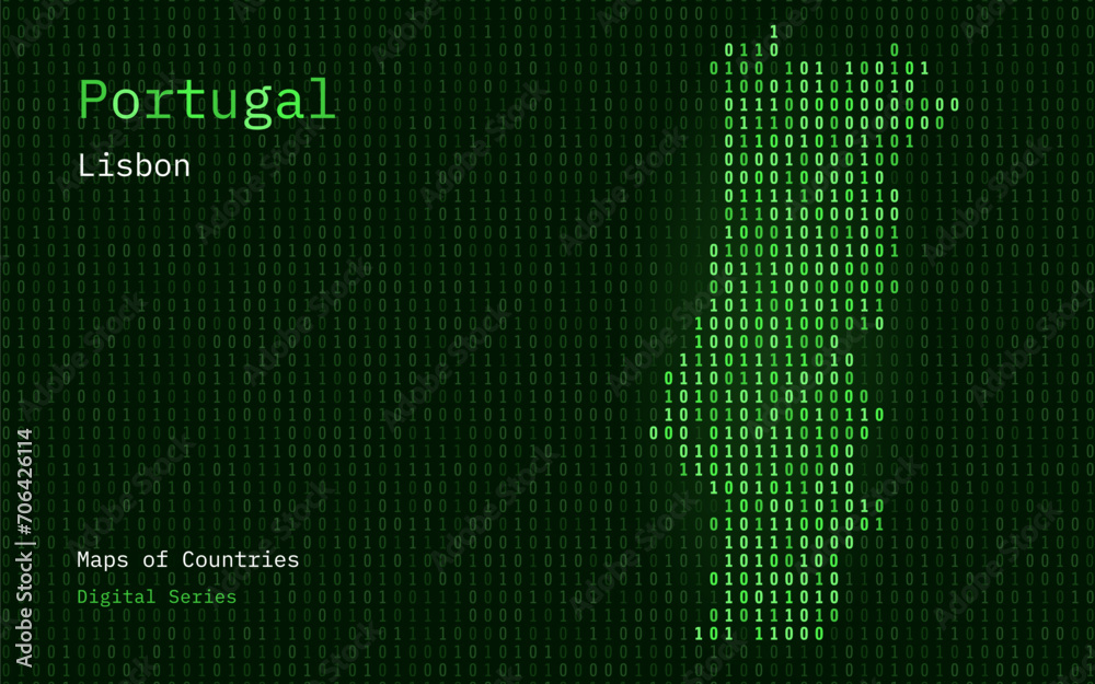 Portugal Green Map Shown in Binary Code Pattern. Matrix numbers, zero, one. World Countries ...