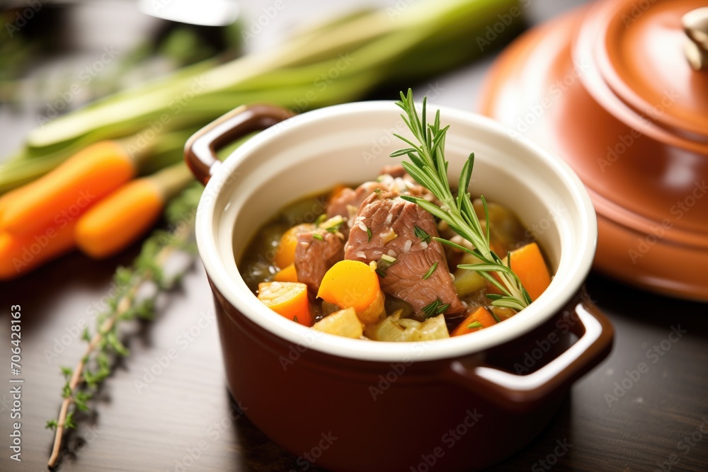 individual serving of beef stew in mini cocotte, oven background Stock ...