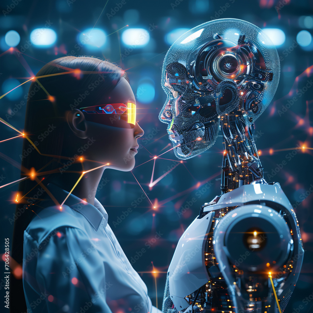 Intimate Gaze: Human and AI Robots Lock Eyes, Symbolizing the Proximity ...