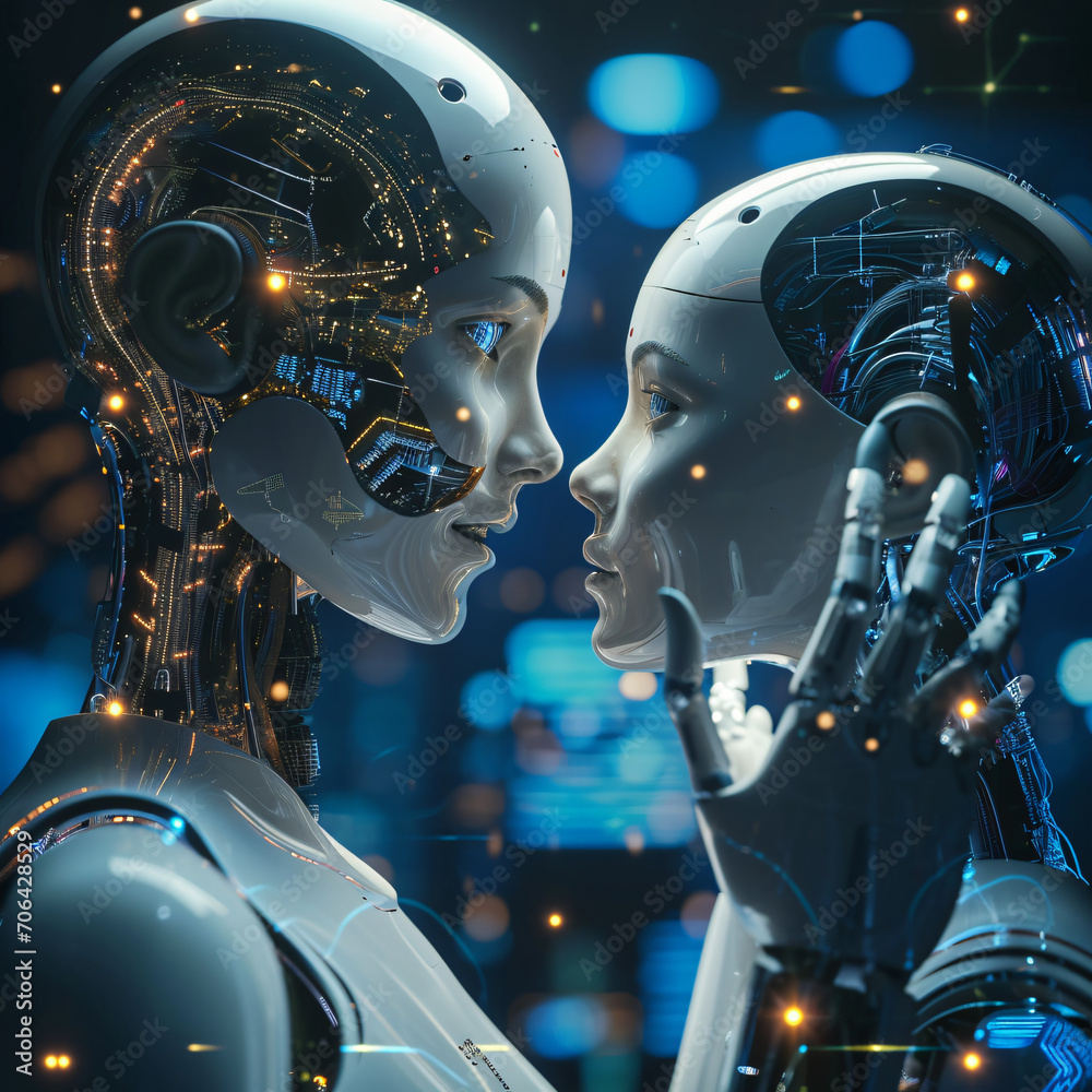 Intimate Gaze: Human and AI Robots Lock Eyes, Symbolizing the Proximity ...