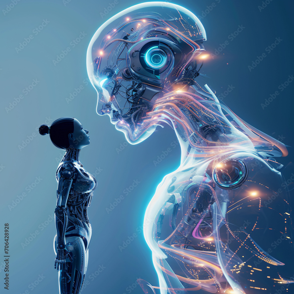 Intimate Gaze: Human and AI Robots Lock Eyes, Symbolizing the Proximity ...