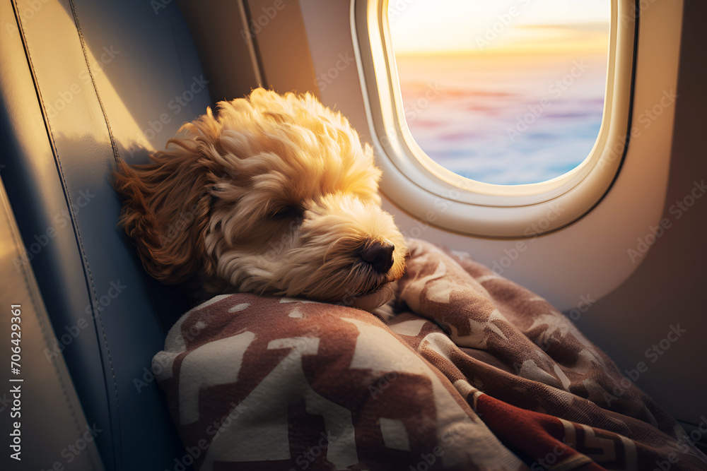 Cute red toy poodle dog wrapped in a blanket sitting on an airplane ...